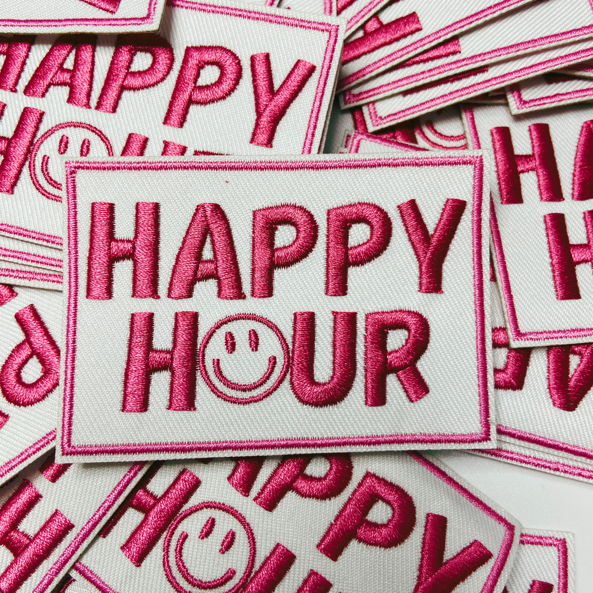 3" Happy Hour w Smiley face - Embroidered Hat Patch – TEELUX